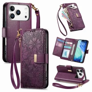 IPHONE 17 PRO MAX/18 PRO MAX FLORAL & LEAF PATTERN WALLET CASE WITH ZIPPER POCKET & WRIST STRAP - PURPLE