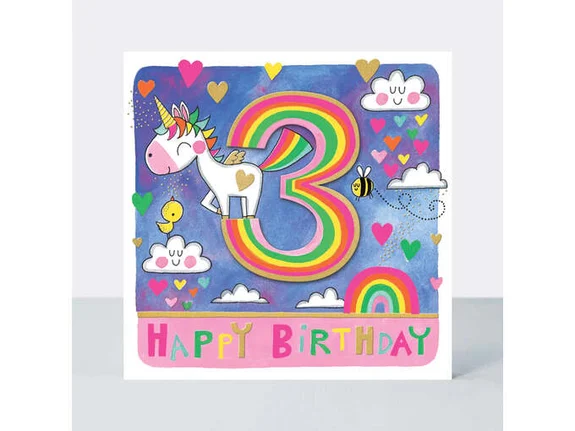 Rachel Ellen Čestitka Age 3 Girl/Unicorn birthday card
