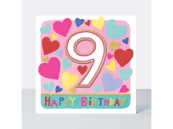 Rachel Ellen Čestitka Age 9 Girl/Hearts birthday card