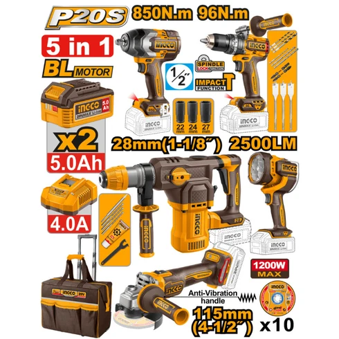 Akumulatorski set alata 5/1 COSLI251193E+2×5,0Ah SUPER INGCO