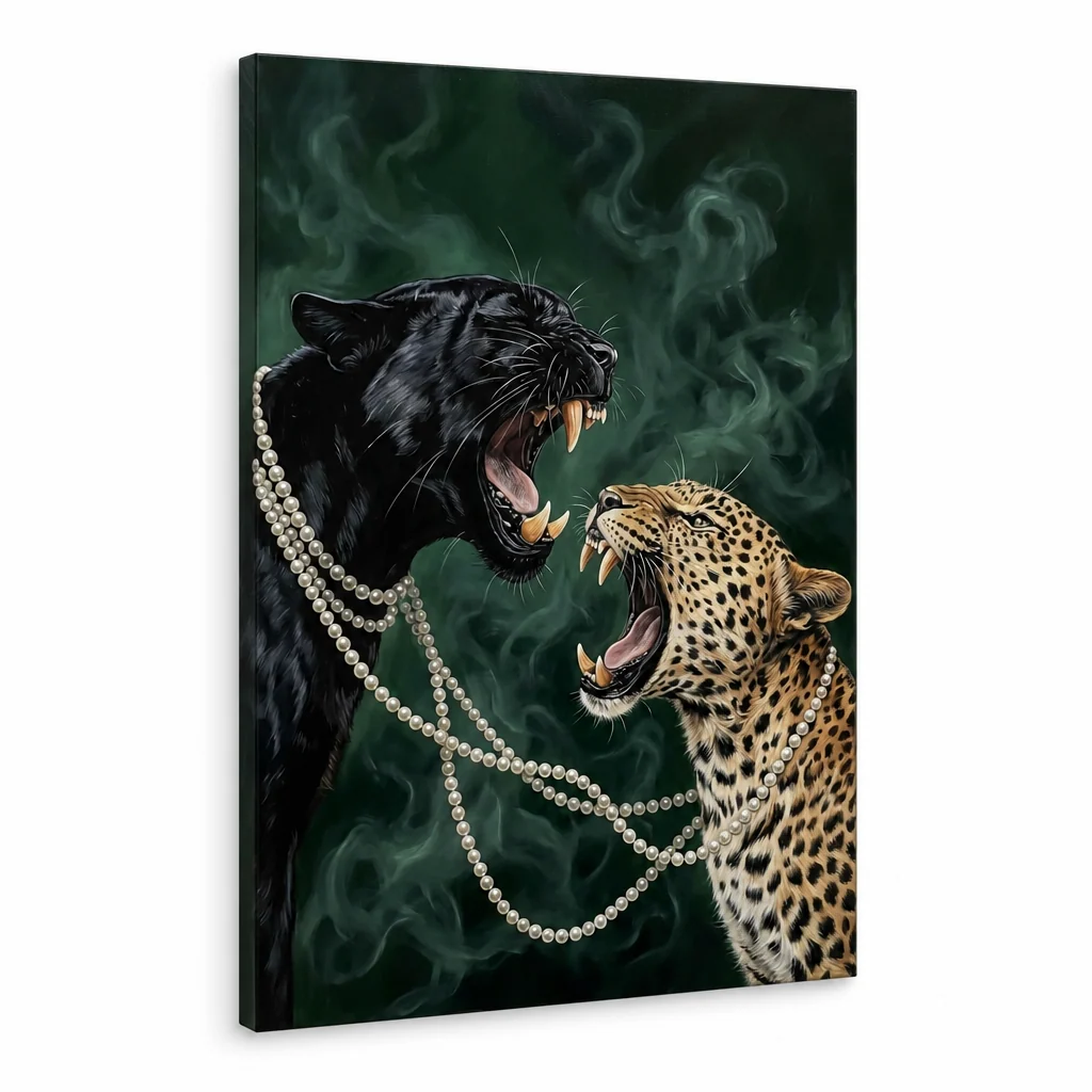 Moderni Zidni Dekor Sa Motivom Pantera I Leoparda Sa Bisernom Ogrlicom