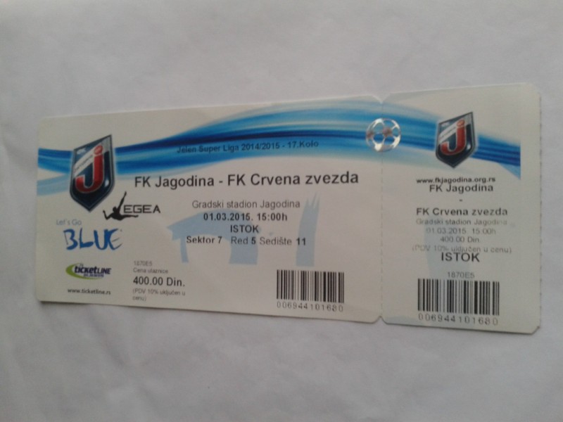Ulaznica-FK.Jagodina-FK.Crvena Zvezda iz 01.03.2015god