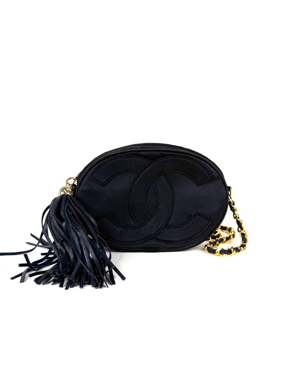 Chanel Black Leather Oval CC Logo Tassel Shoulder Bag