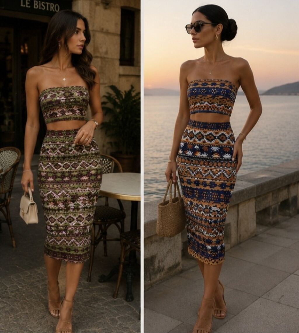 Komplet crop top i uska midi suknja sa etno/boho dezenom. -