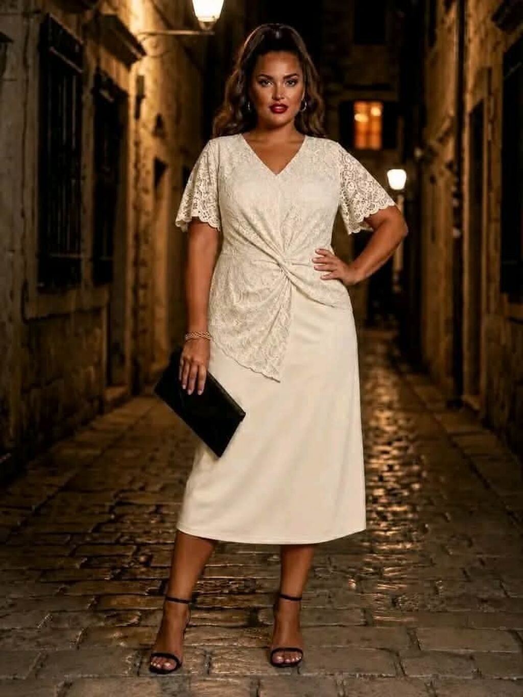Elegantna midi čipkana haljina s preklopom - Kroj: midi dužina, blago