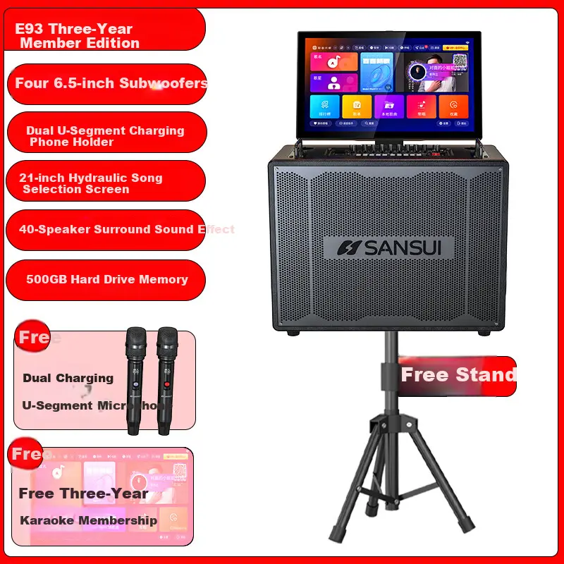 Saunsui Karaoke zvučnik sa 2 mikrofona E93, 500GB, 15000 mAh, Crni
