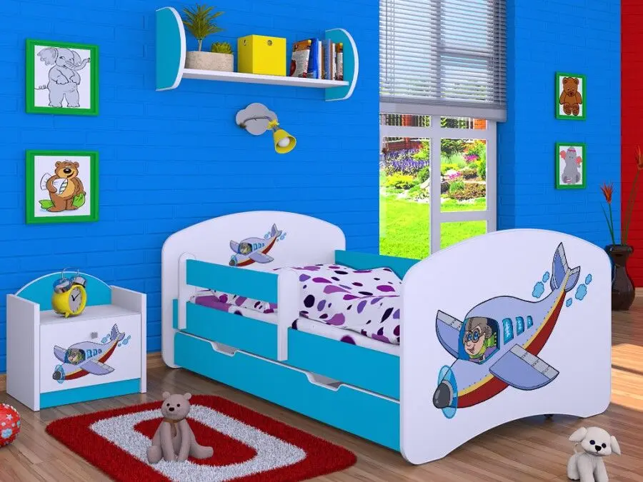 Happy Babies Dečiji krevet Avion 180x90cm, Sa fiokom, Plavo-beli