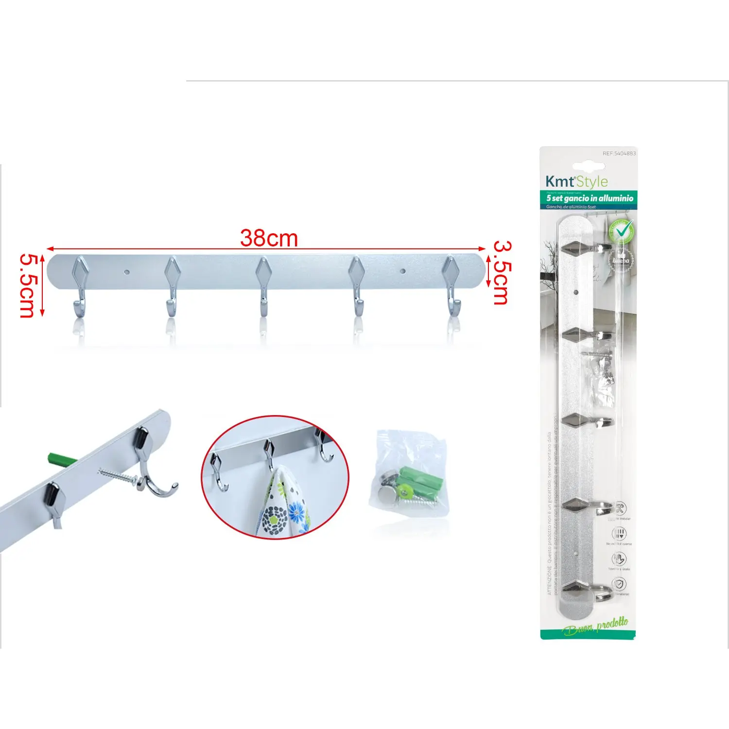 KMT Aluminijumski zidni čiviluk, 5 kuka