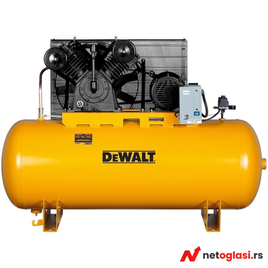 DEWALT 120-Gallon Two-Stage Horizontal Industrial Air Compressor – 10 HP Baldor Motor, 175 PSI, 230V 3-Phase (TOOLSEQUIP)