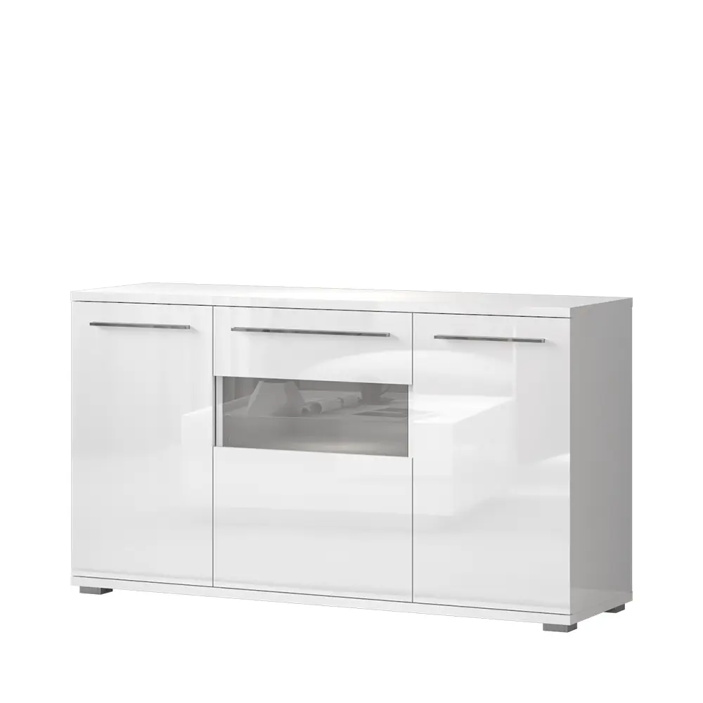 JELA KOMODA K150-3KS/PN - kolekcija Piano - Bela lak/Kristalno Bela HG Lak - 150x85x45 cm