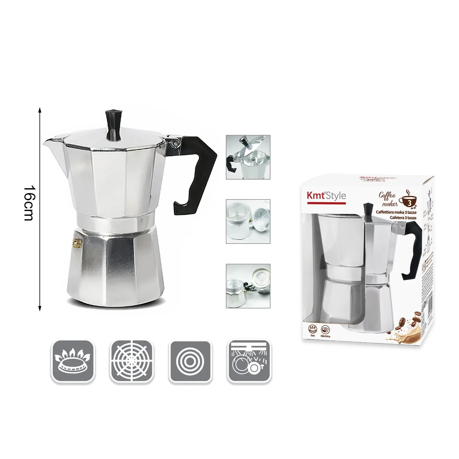 KMT Moka pot, 3 šoljice, Srebrne bolje