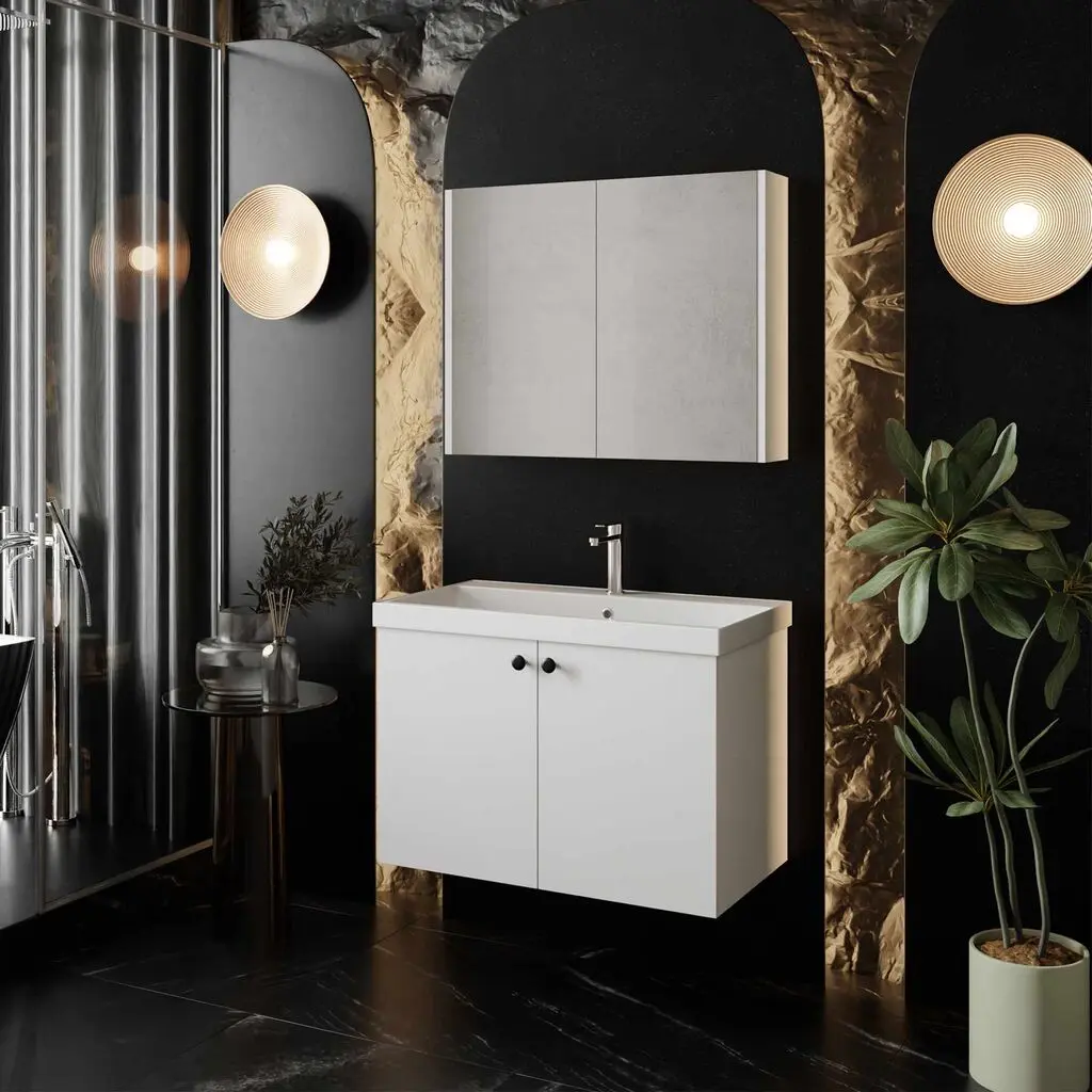Skye Decor Set kupatilskog ormarića sa umivaonikom i ogledalom, 2 dela, Beli
