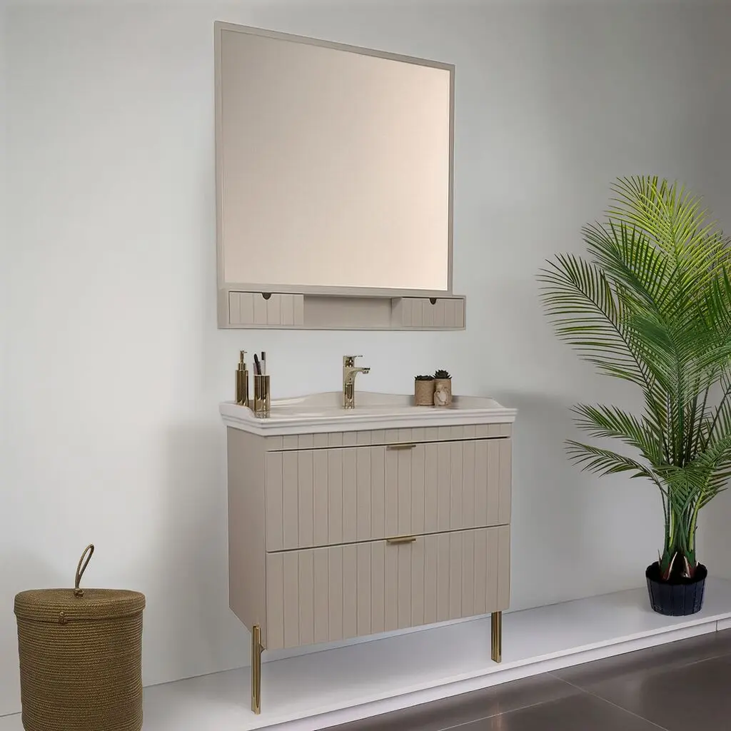 Skye Decor Set kupatilskog ormarića sa umivaonikom i ogledalom, 2 dela, Bež