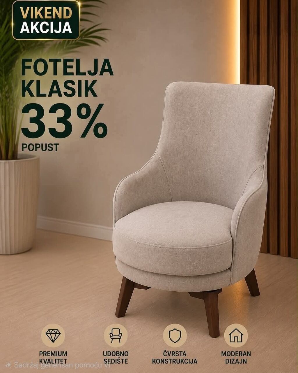 Fotelja Klasik modernog i elegantnog dizajna, idealna za dnevni