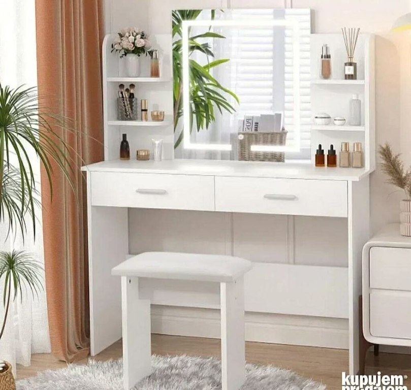 Toaletni sto sa LED ogledalom i tabureom - Moderan beli toaletni sto