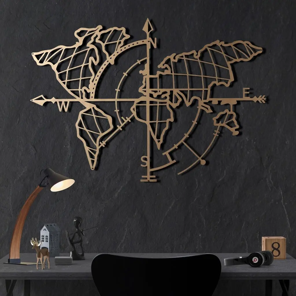 Zidna dekoracija kompas karta 65x95 cm zlatna