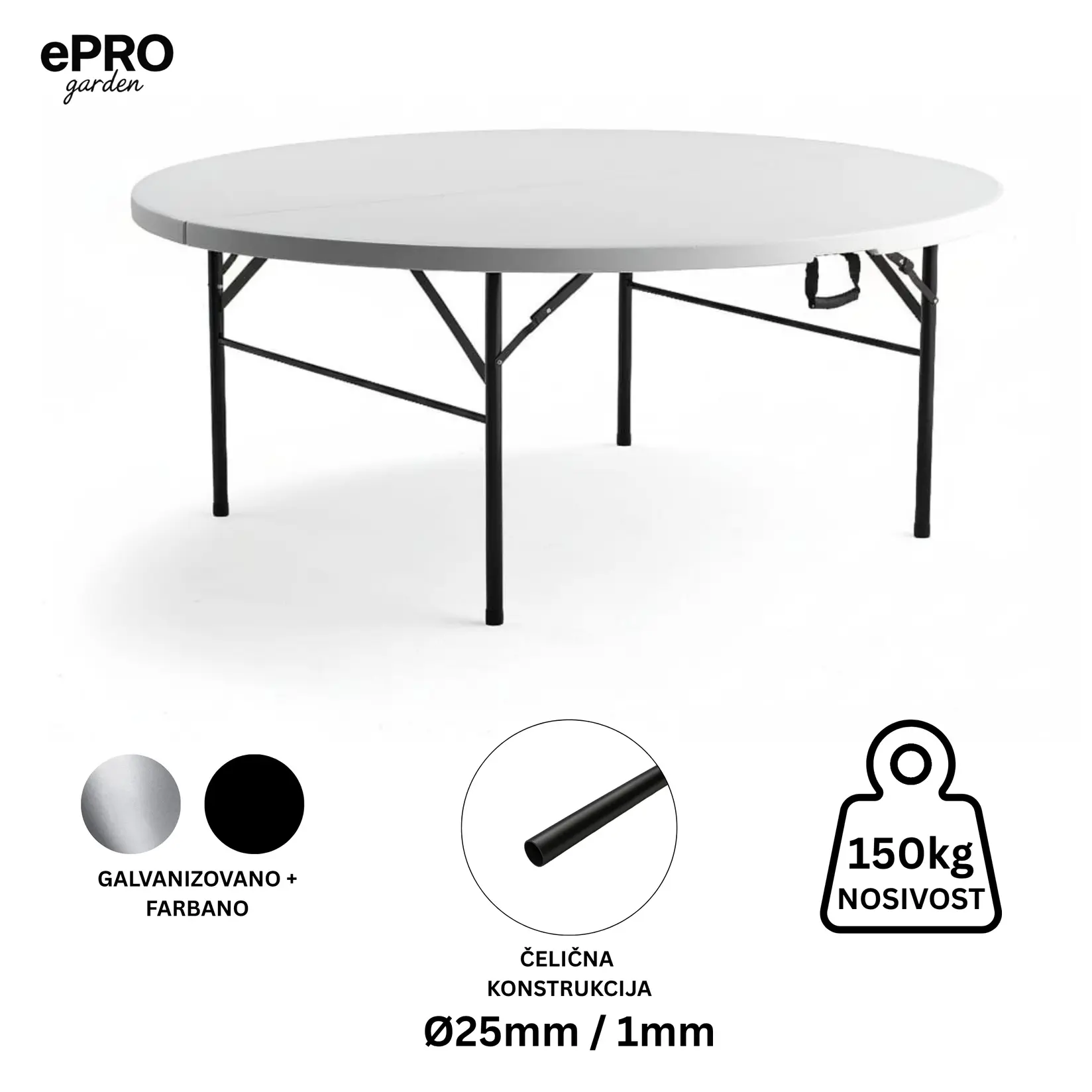 ePRO sklopivi baštenski sto O122 74cm, metal-plastika
