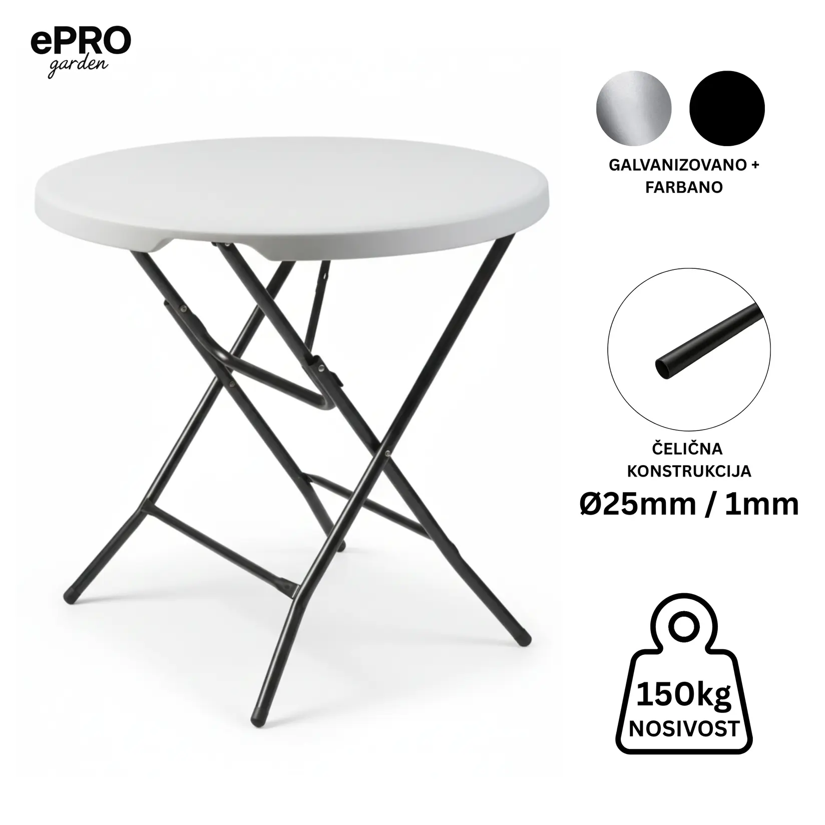 ePRO sklopivi baštenski sto O80 74cm, metal-plastika