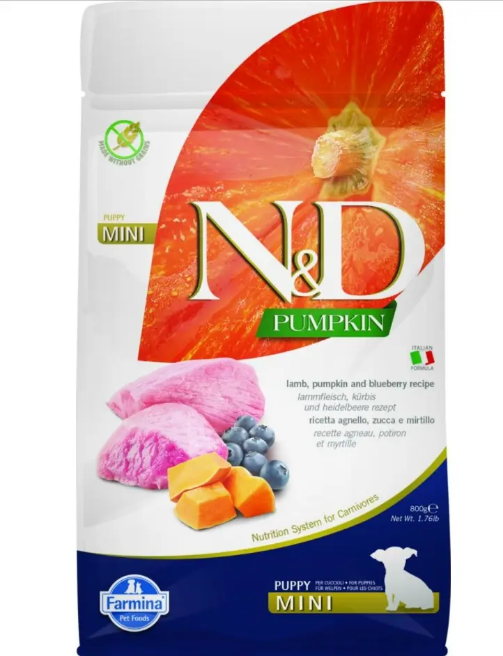 FARMINA Suva hrana za štence malih rasa sa ukusom jagnjetine i borovnice ND Pumpkin Puppy Mini LambBlueberry 800g