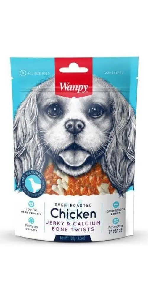 Wanpy Poslastica za pse, Piletina Jerky & Calcium Bone Twists, 100g