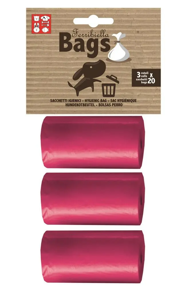 Ferribiella Kesice za izmet pasa, 3 rolne po 20 komada, Roze