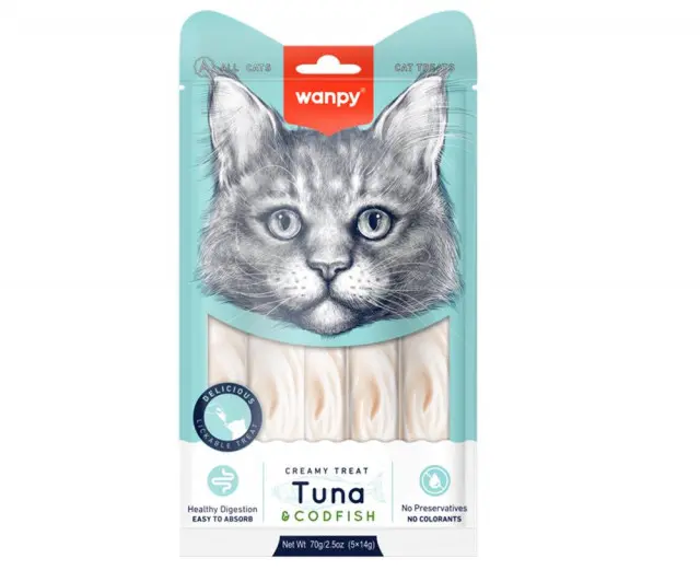 WANPY Poslastica za mačke, Tuna i bakalar, 14g, 5 komada