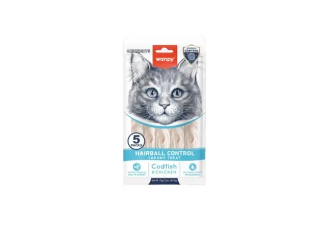 Wanpy Poslastica za mačke Hairball Control Functional Creamy Lickable, Riba i piletina, 5x14g