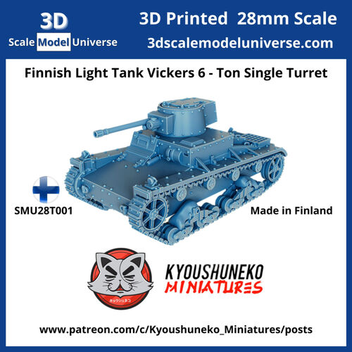 NEW! 3d Scale Model Universe 28T001 Finnish WW2 Light Tank Vickers 6 Ton - Single Turret (3D-Printed)