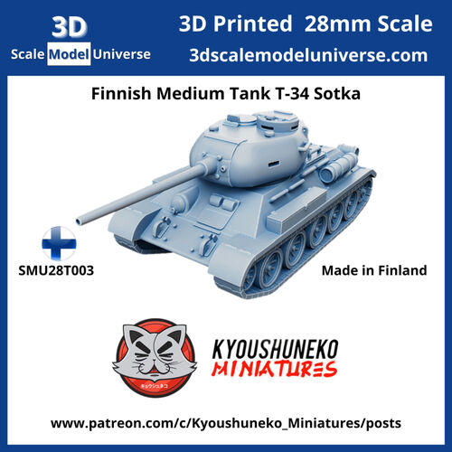 NEW! 3d Scale Model Universe 28T003 Finnish WW2 Medium Tank T-34 "Sotka" (3D-Printed)
