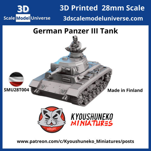 NEW! 3d Scale Model Universe 28T004 German Panzer III Tank (3D-Printed)