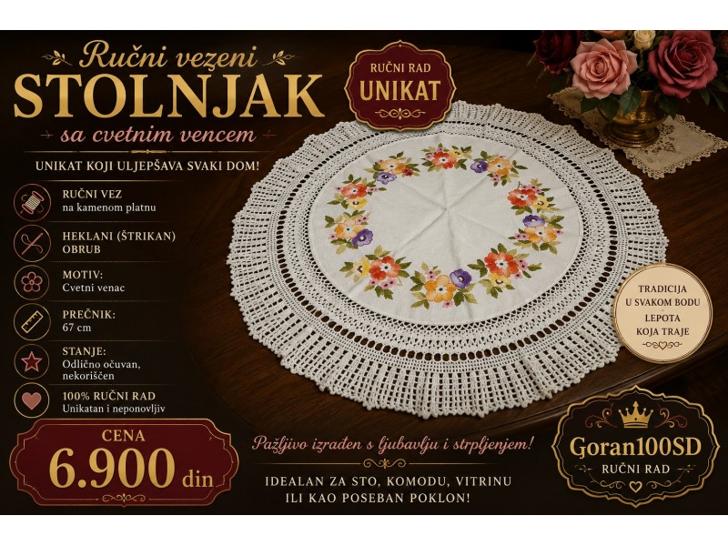 LUKSUZNI RUČNO VEZENI OKRUGLI STOLNJAK – UNIKAT KOJI OD