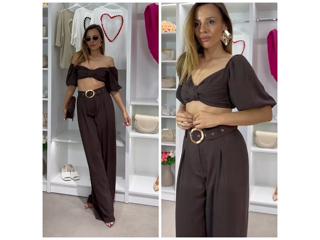 KOMPLET CROP TOP I PANTALONE BRAON BOJE- NOVO