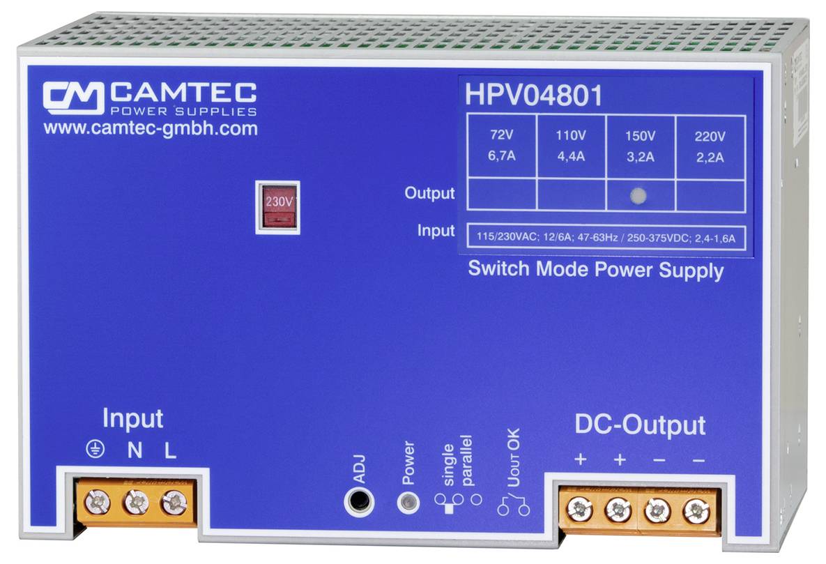 Camtec HPV04801.220(R2) napajanje za DIN šinu 90 V/AC, 250 V/DC → 220 V 480 W