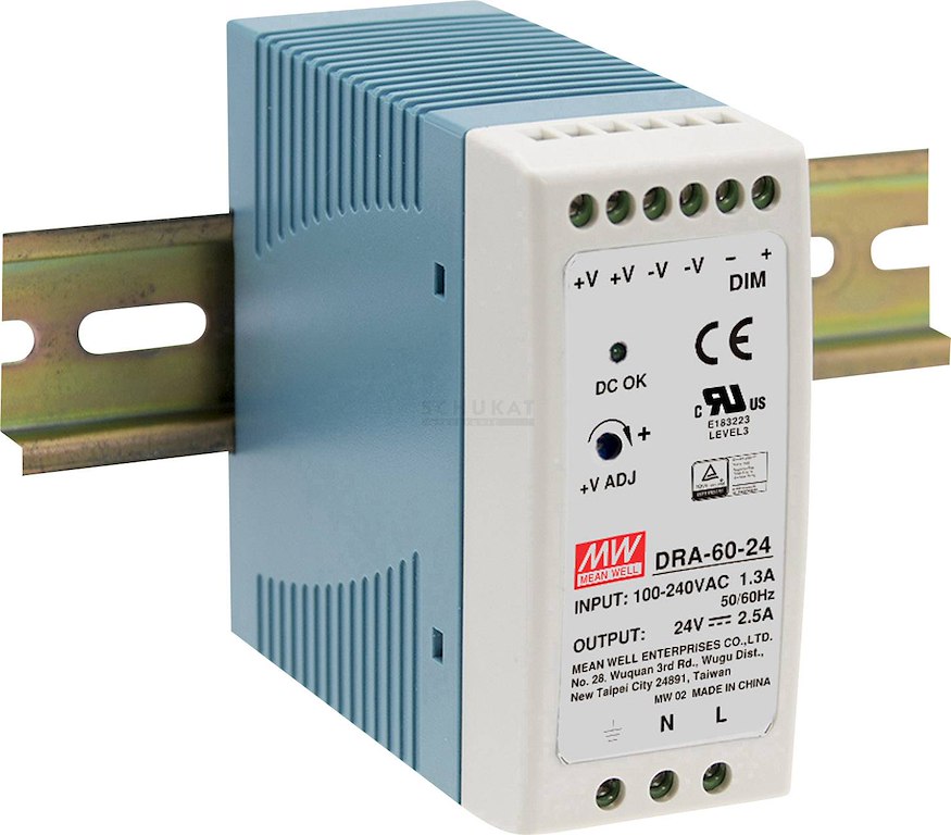 MEAN WELL DRA-60-24 napajanje za DIN šinu 90-264V / AC, 47-63Hz → 24 V/DC 2,5 A
