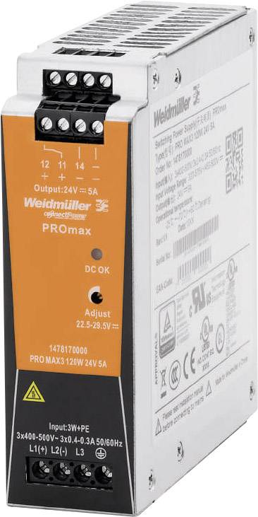 Weidmüller PRO MAX3 120W 24V 5A napajanje za DIN šinu 320 V/AC, 450 V/DC → 12 V/DC