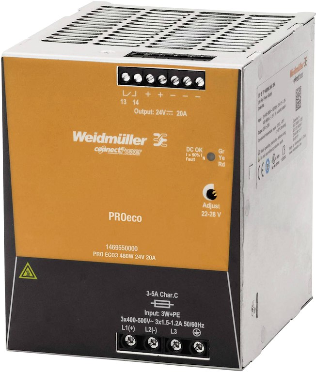 Weidmüller PRO ECO3 480W 24V 20A napajanje za DIN šinu 320 V/AC → 24 V/DC 12 V/DC