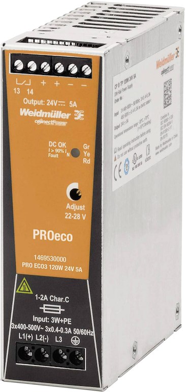 Weidmüller PRO ECO3 120W 24V 5A napajanje za DIN šinu 320 V/AC → 24 V/DC