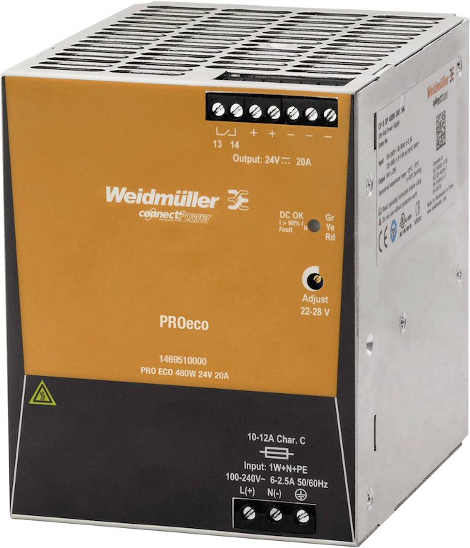 Weidmüller PRO ECO 480W 24V 20A napajanje za DIN šinu 85 V/AC, 80 V/DC → 24 V/DC