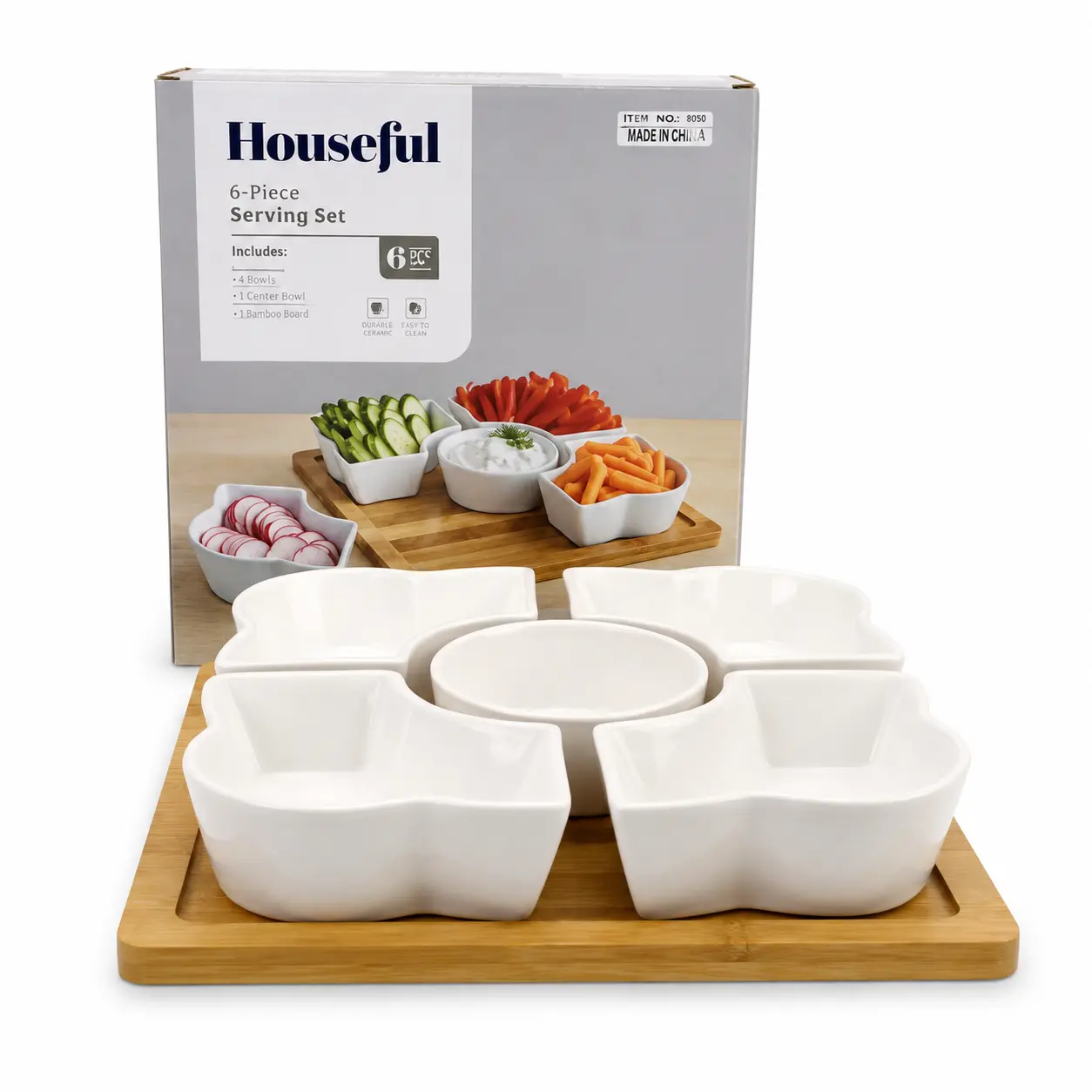 Set za serviranje sa 5 keramičkih posudica i drvenim postoljem, 27×27×6 cm