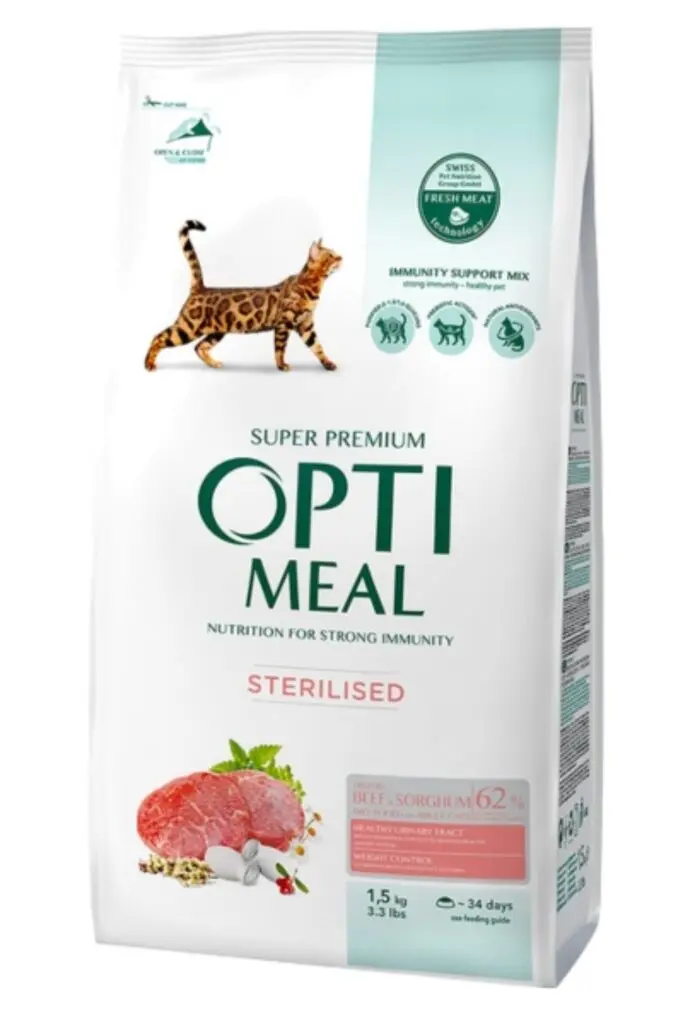 Optimeal Suva hrana za sterilisane mačke, Govedina i sirak, 1.5kg