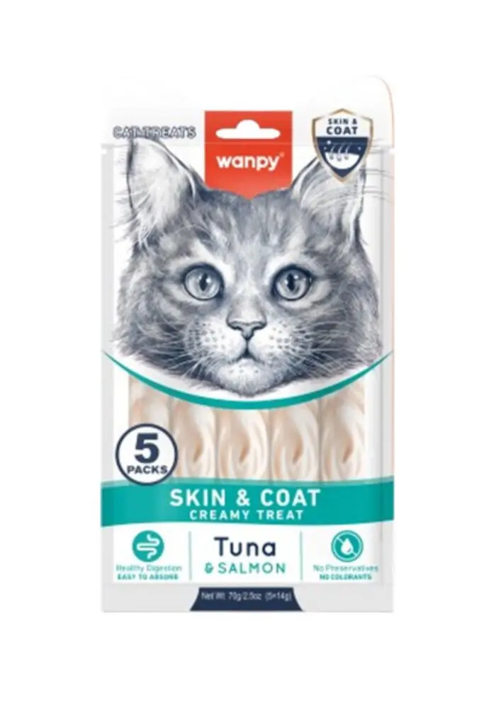 Wanpy Pasta za mačke Skin&Coat , Tuna i losos 5x14 g