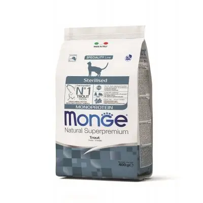MONGE Suva hrana za odrasle sterilisane mačke, monoprotein pastrmka 400gr