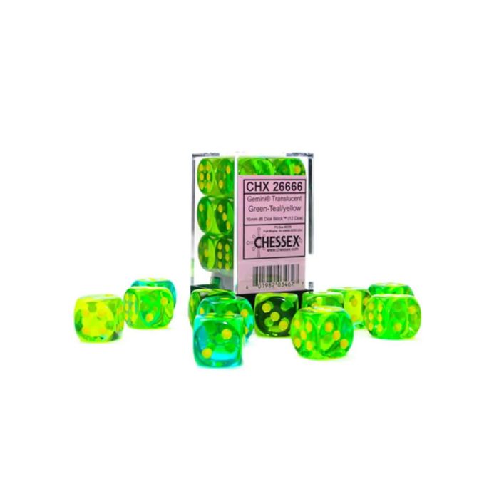 Kockice Chessex - Gemini - Translucent - Green-teal & Yellow - Dice Block 16mm (12)