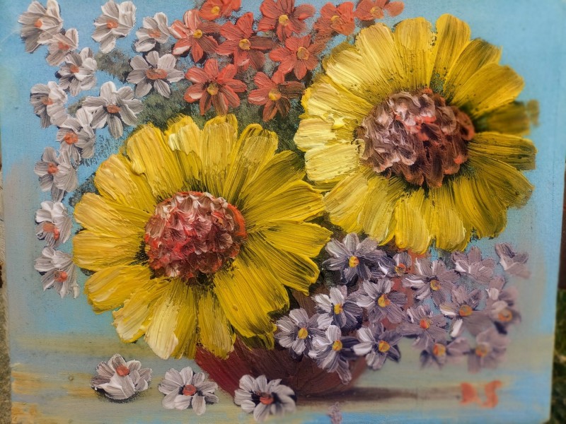 Suncokreti i sitno cveće 45x30cm ulje na platnu