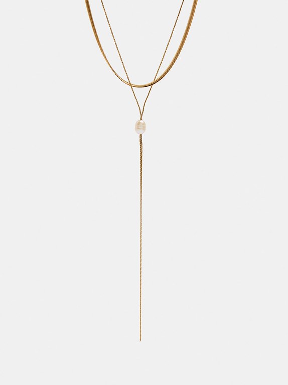 DOUBLE NECKLACE WITH FRESHWATER PEARL - STAINLESS STEEL