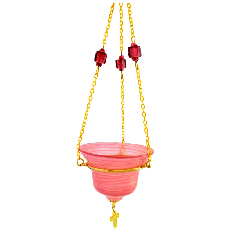 Viseće stakleno kandilo roze sa zidnim nosačem – motiv vinove loze (14x12) cm