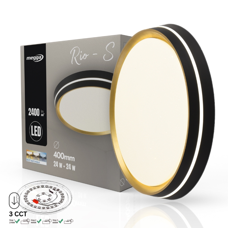 MEGGA, RIO-S LED PLAFONJERA 24W+24W 3CCT 400MM BK+GD, 012965