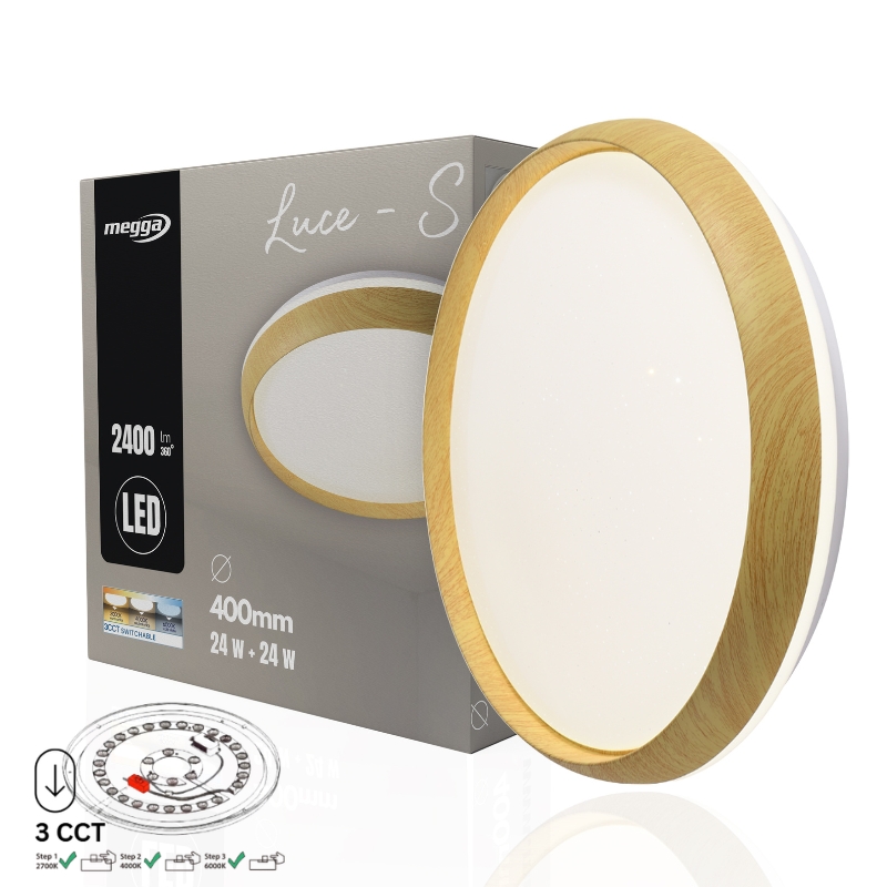 MEGGA, LUCE-S LED PLAFONJERA 24W+24W 3CCT 400MM NATUR WOOD, 012968
