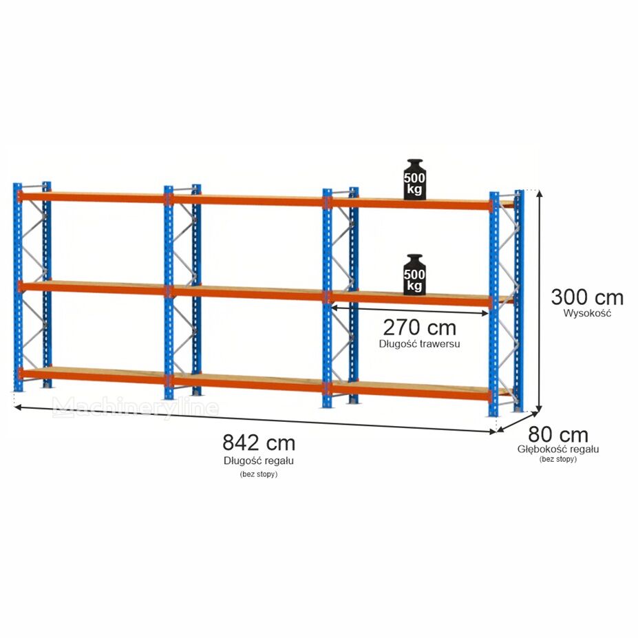 Novi Mega-M Regał magazynowy 9-półkowy Mega-M XR H-300 cm L-842 cm G-80 cm 5 paletni regal