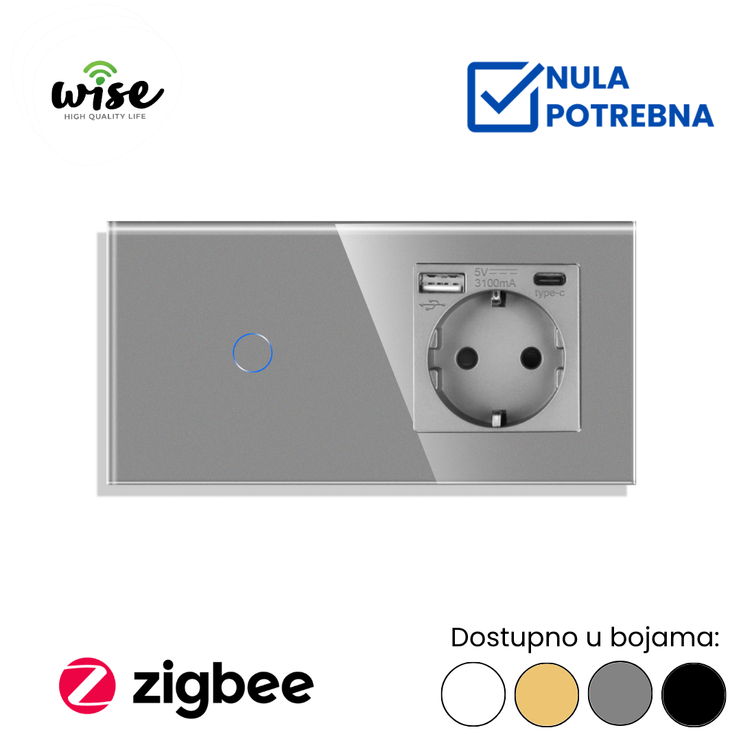 Wise modularni set
Zigbee prekidač 1t + standardna utičnica
sa A/C punjačem, stakleni panel